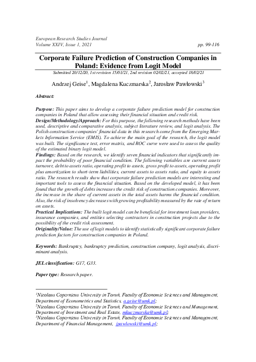(PDF) Corporate Failure Prediction of Construction Companies in Poland ...