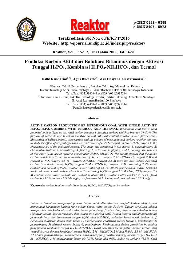 (PDF) Produksi Karbon Aktif Dari Batubara Bituminus Dengan Aktivasi Tunggal H3PO4, Kombinasi ...