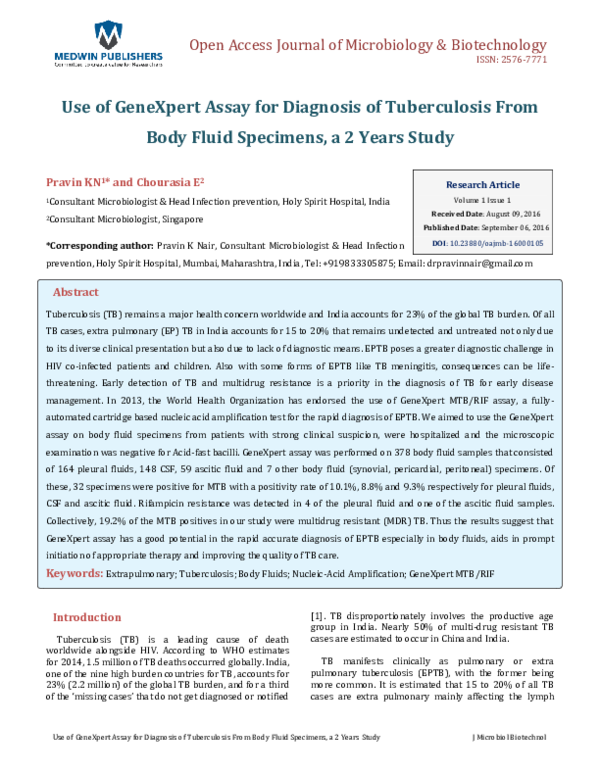(PDF) Use of GeneXpert Assay for Diagnosis of Tuberculosis From Body ...