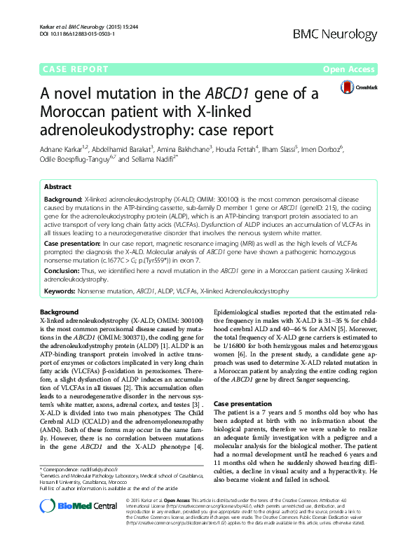 (PDF) A novel mutation in the ABCD1 gene of a Moroccan patient with X-linked ...