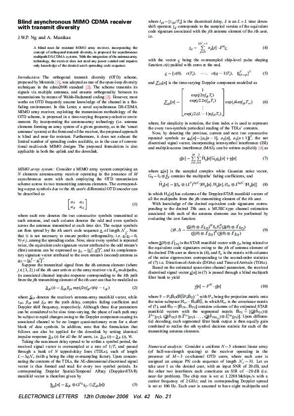 (PDF) Blind asynchronous MIMO CDMA receiver with transmit diversity