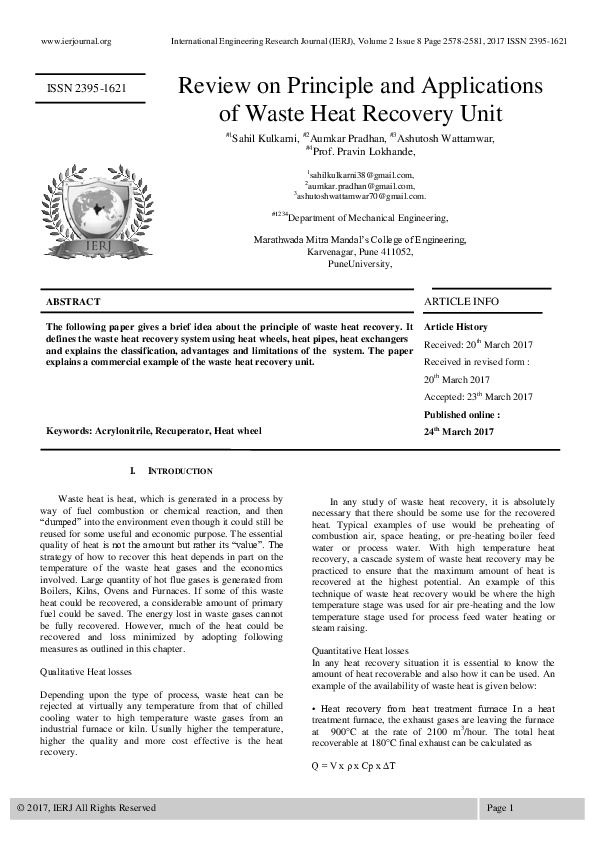 (PDF) Review on Principle and Applications of Waste Heat Recovery Unit