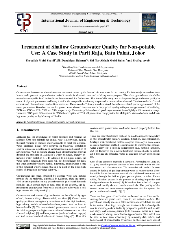 (PDF) Treatment of Shallow Groundwater Quality for Non-potable Use: A Case Study in Parit Raja ...