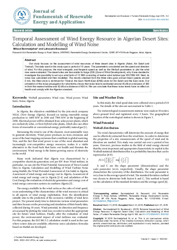 (PDF) Temporal Assessment of Wind Energy Resource in “Adrar” (South of ...