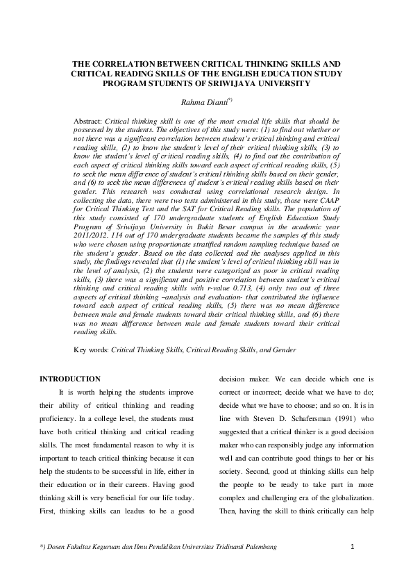 (PDF) The Correlation Between Critical Thinking Skills and Critical Reading Skills of the ...