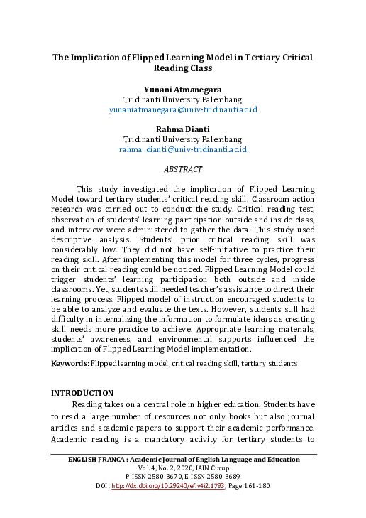 (PDF) The Implication of Flipped Learning Model in Tertiary Critical Reading Class