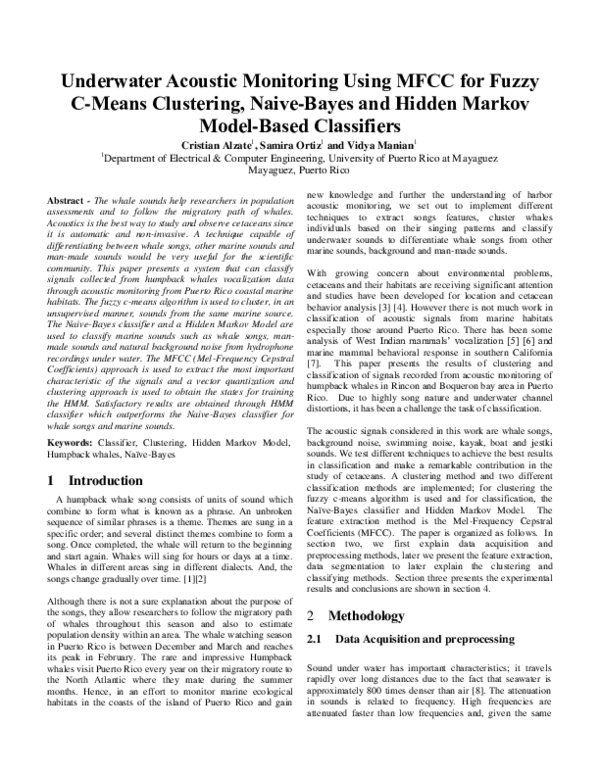 (PDF) Underwater Acoustic Monitoring Using MFCC for Fuzzy C-Means Clustering , Naive-Bayes and ...