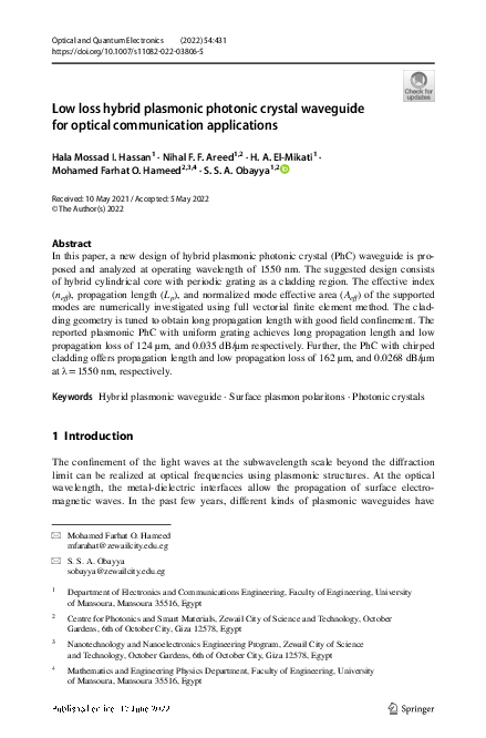 (PDF) Low loss hybrid plasmonic photonic crystal waveguide for optical communication applications