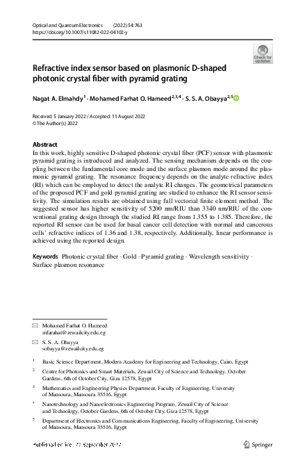 (PDF) Refractive index sensor based on plasmonic D-shaped photonic crystal fiber with pyramid ...
