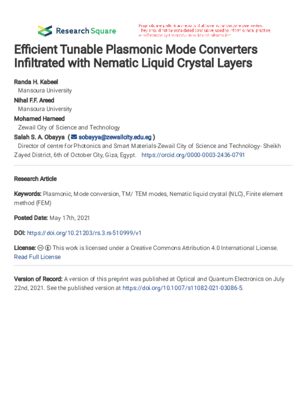 (PDF) Efficient Tunable Plasmonic Mode Converters Infiltrated with ...
