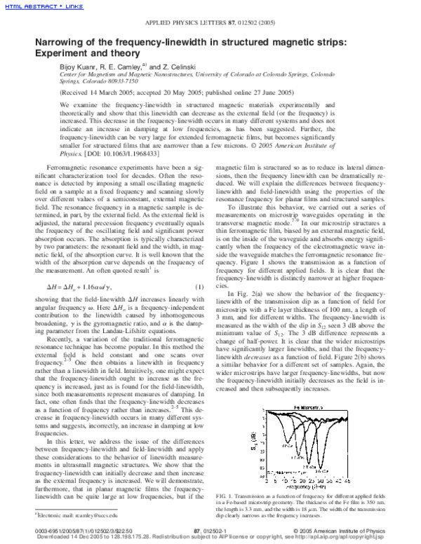 (PDF) Narrowing of the frequency-linewidth in structured magnetic ...