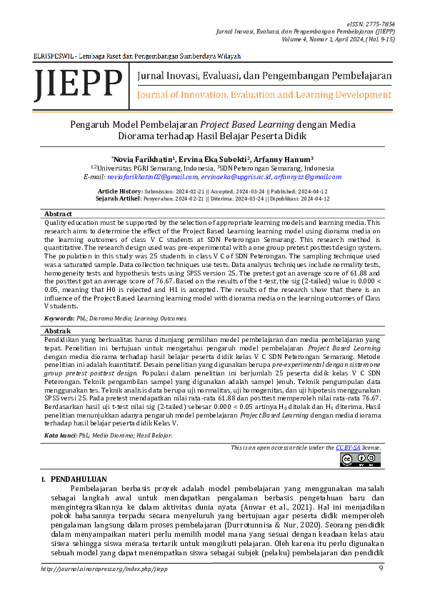 (PDF) Pengaruh Model Pembelajaran Project Based Learning dengan Media Diorama terhadap Hasil ...