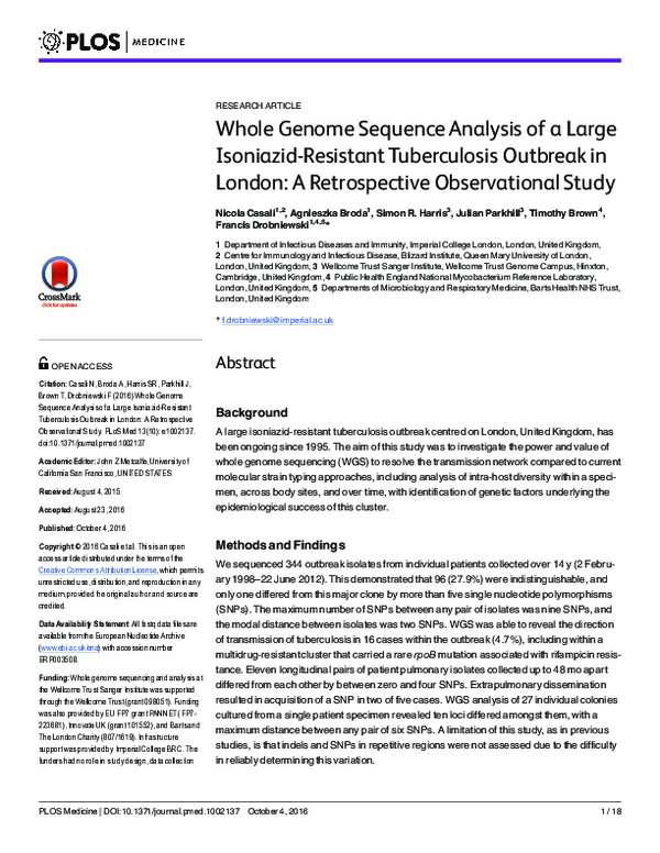 (PDF) Whole Genome Sequence Analysis of a Large Isoniazid-Resistant ...