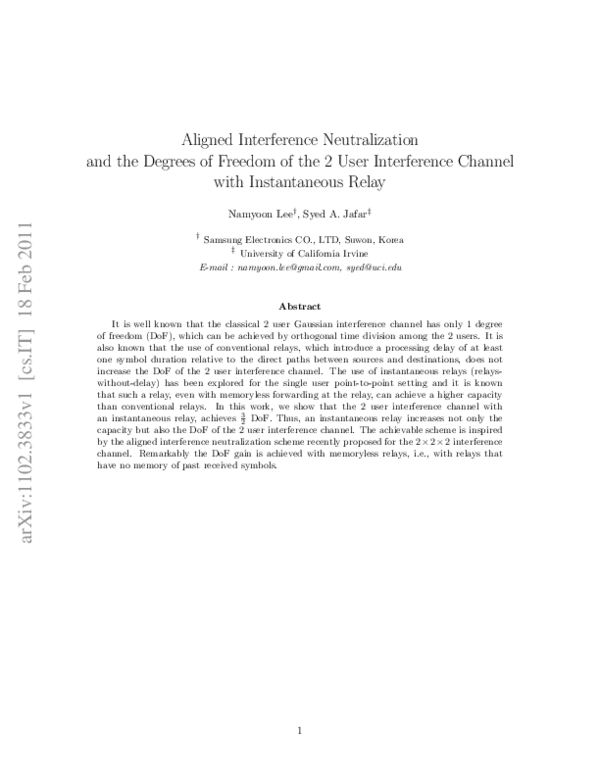 (PDF) Aligned Interference Neutralization and the Degrees of Freedom of the 2 User Interference ...