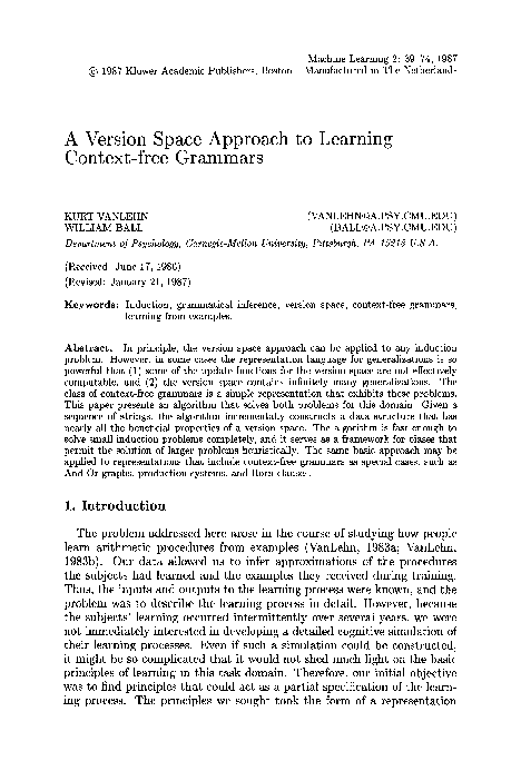 (PDF) A version space approach to learning context-free grammars