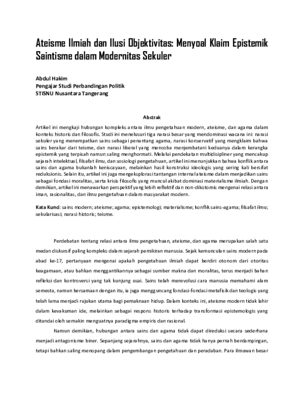 (PDF) Ateisme Ilmiah dan Ilusi Objektivitas: Menyoal Klaim Epistemik ...