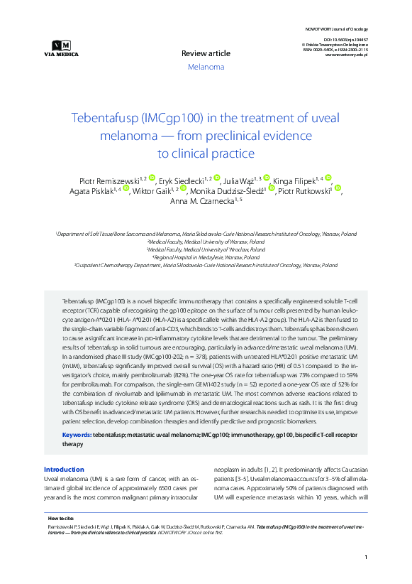(PDF) Tebentafusp (IMCgp100) in the treatment of uveal melanoma -from ...