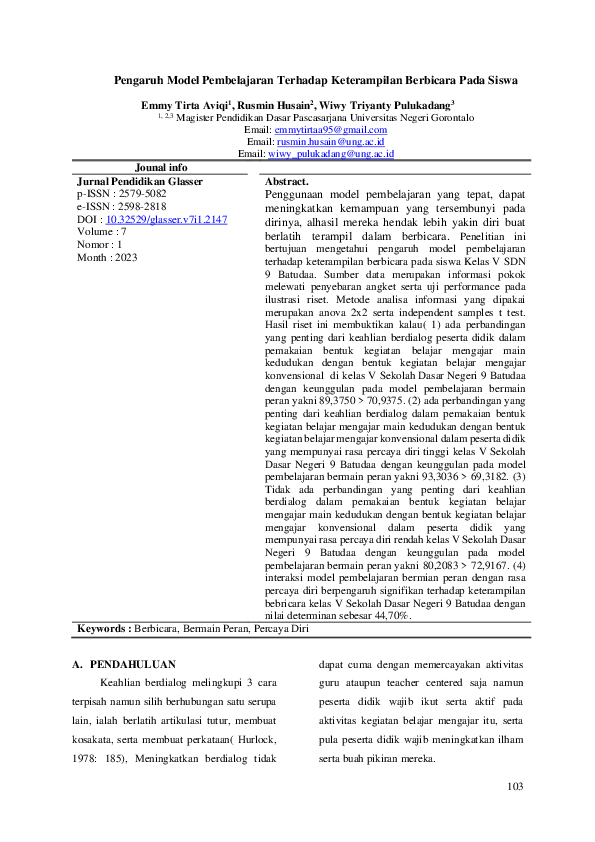 (PDF) Pengaruh Model Pembelajaran Terhadap Keterampilan Berbicara Pada Siswa