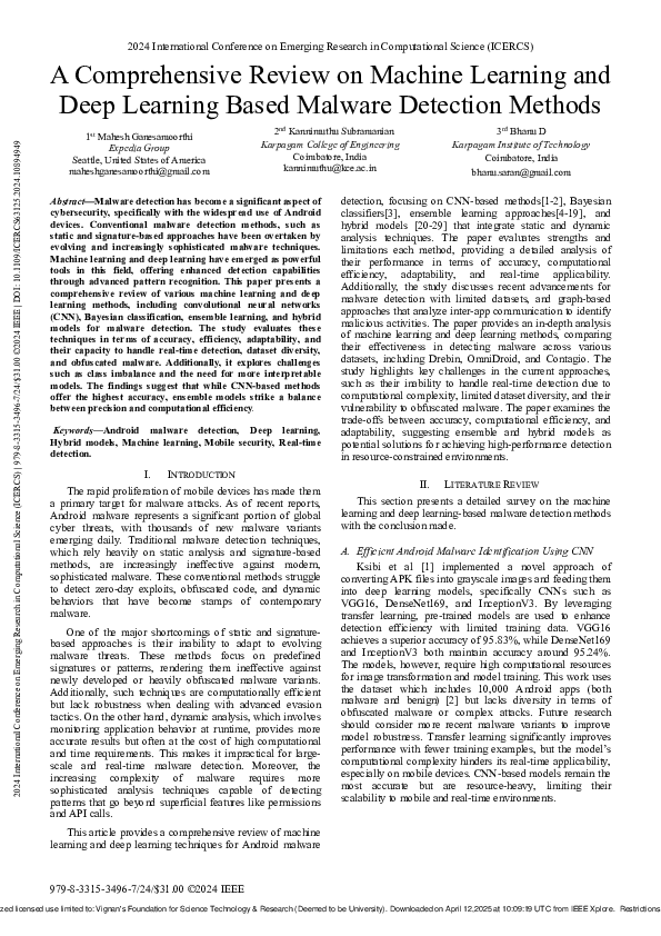 (PDF) A Comprehensive Review on Machine Learning and Deep Learning Based Malware Detection Methods
