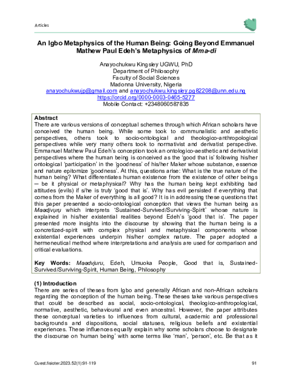 (PDF) An Igbo Metaphysics of the Human Being: Going Beyond Emmanuel ...