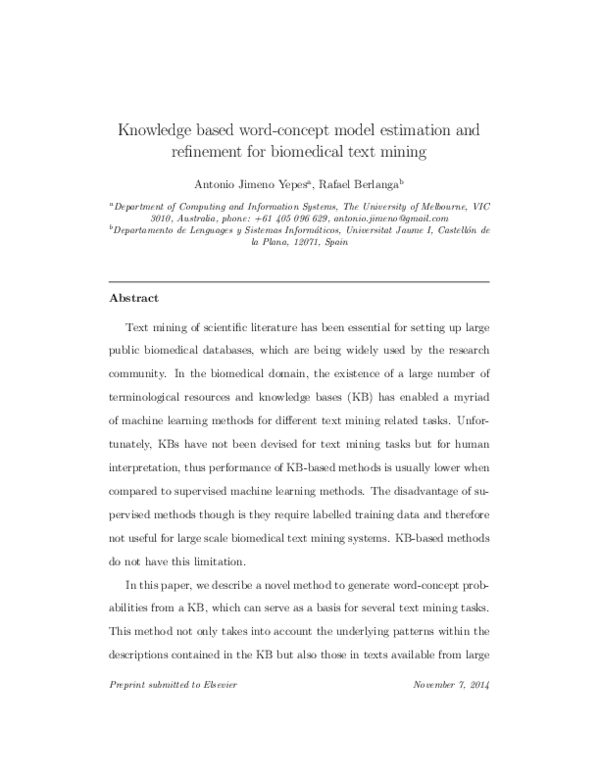 (PDF) Knowledge based word-concept model estimation and refinement for biomedical text mining