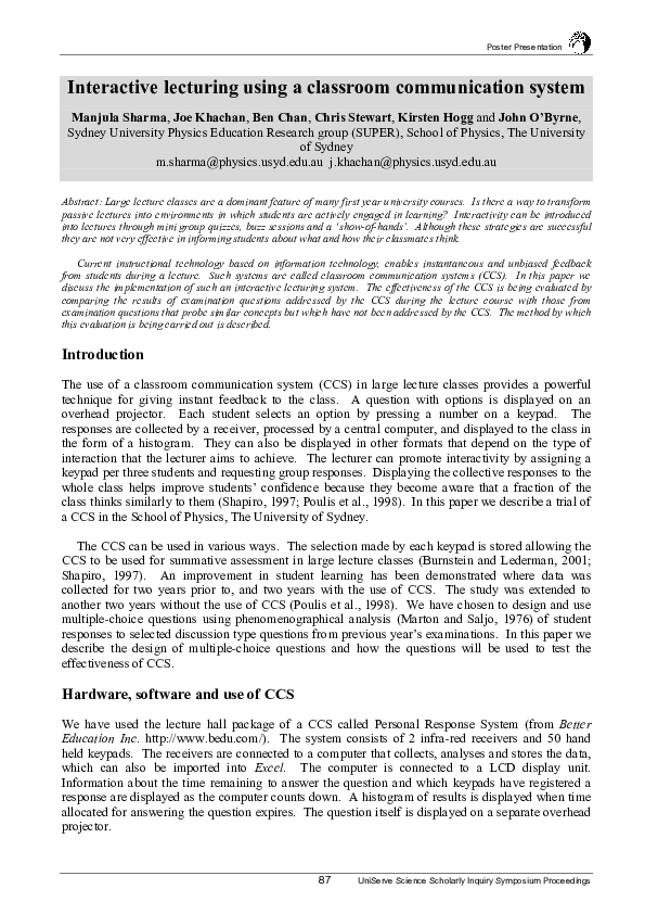 (PDF) Interactive lecturing using a classroom communication system