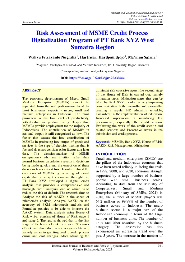 (PDF) Risk Assessment of MSME Credit Process Digitalization Program of ...