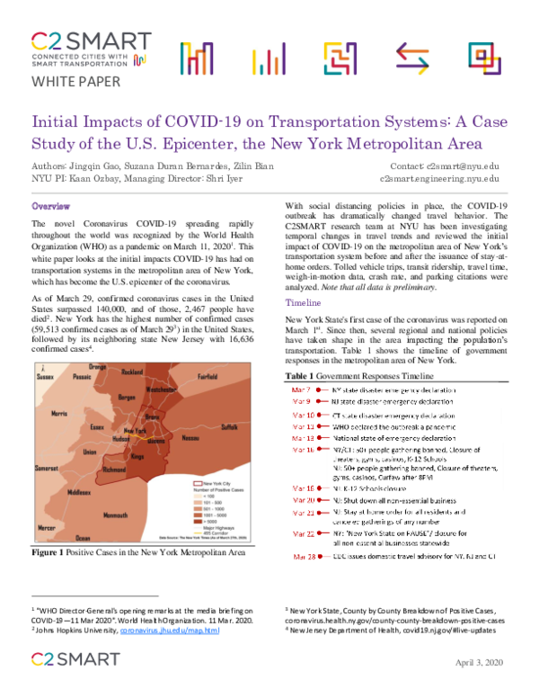(PDF) Initial Impacts of COVID-19 on Transportation Systems: A Case Study of the U.S. Epicenter ...