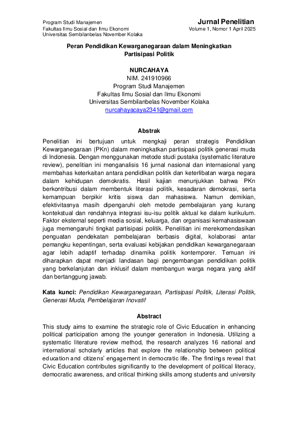 (PDF) Peran Pendidikan Kewarganegaraan dalam Meningkatkan Partisipasi ...