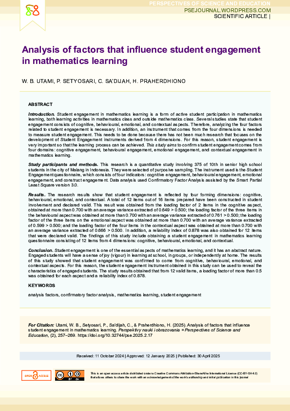 (PDF) Analysis of factors that influence student engagement in mathematics learning