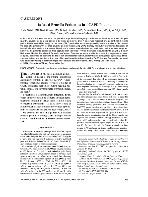 (PDF) Isolated Brucella Peritonitis in a CAPD Patient