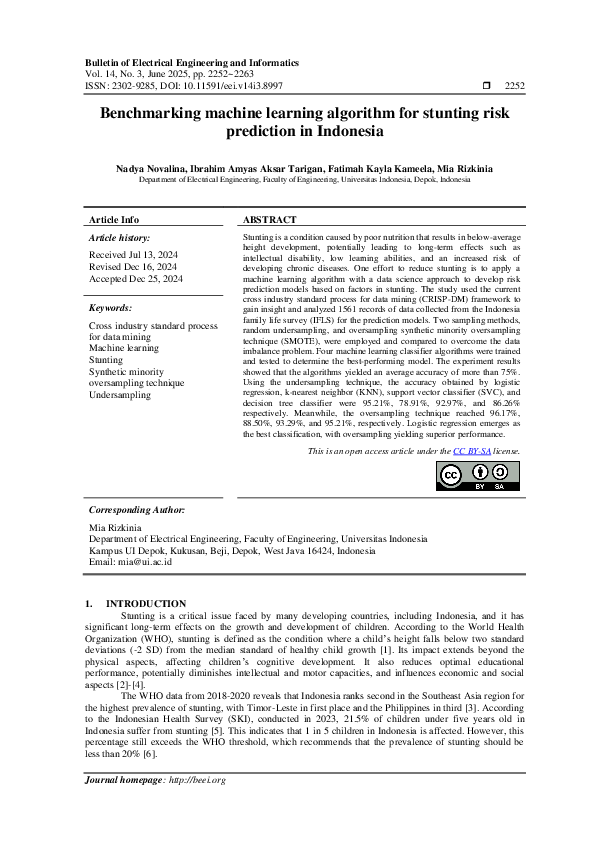 (PDF) Benchmarking machine learning algorithm for stunting risk ...