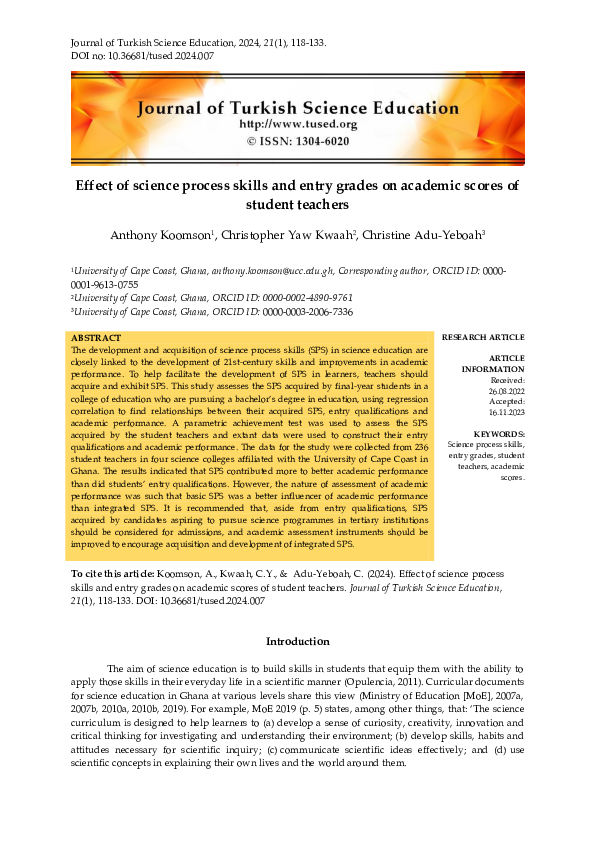 (PDF) Effect of science process skills and entry grades on academic ...
