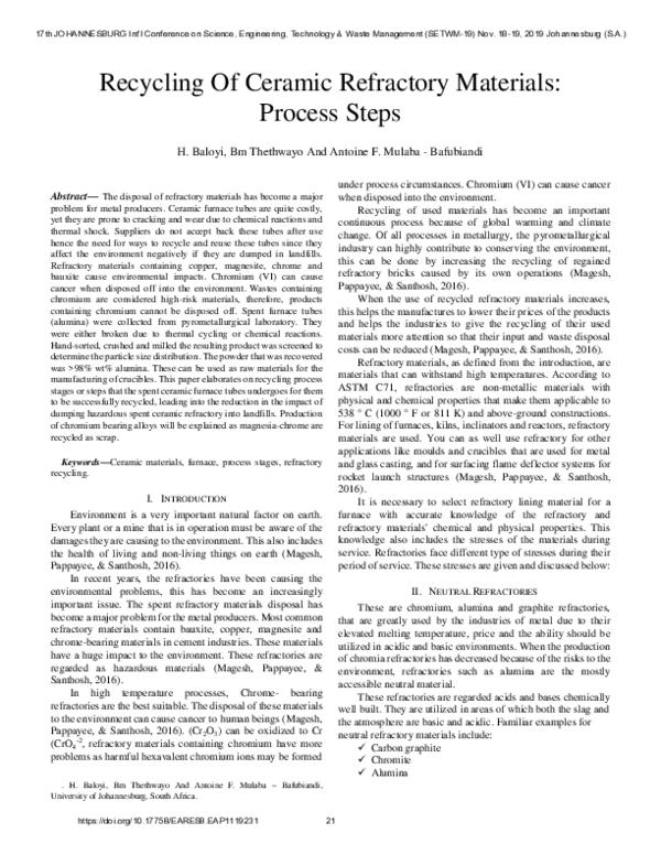 (PDF) Recycling of Ceramic Refractory Materials: Process Steps