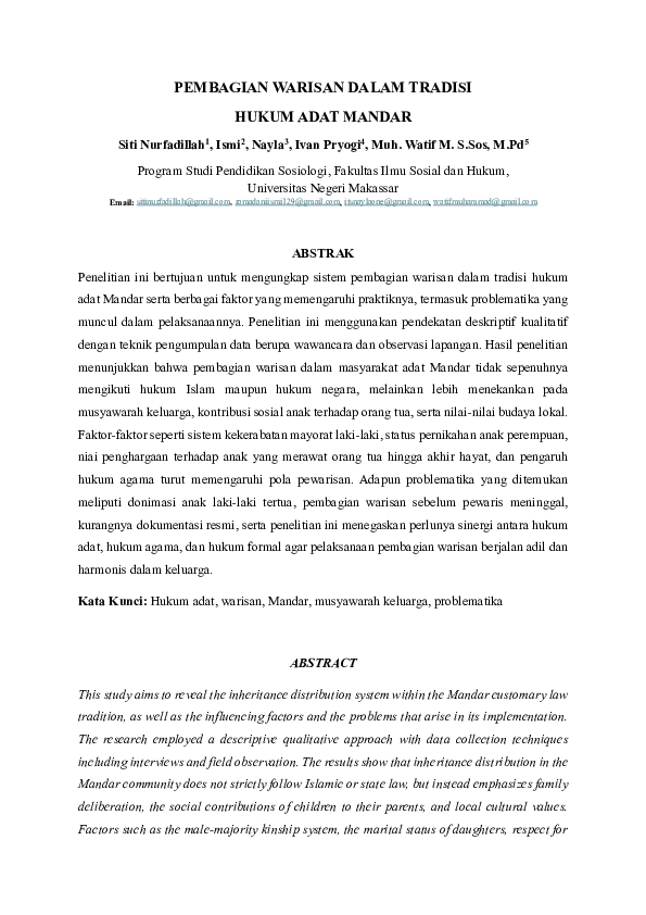(PDF) PEMBAGIAN WARISAN DALAM TRADISI HUKUM ADAT MANDAR