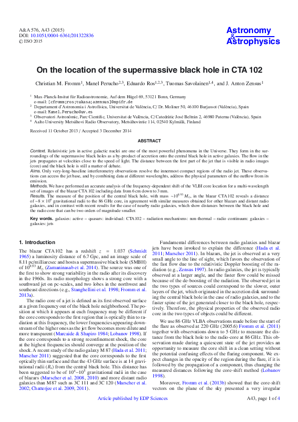 (PDF) On the location of the supermassive black hole in CTA 102