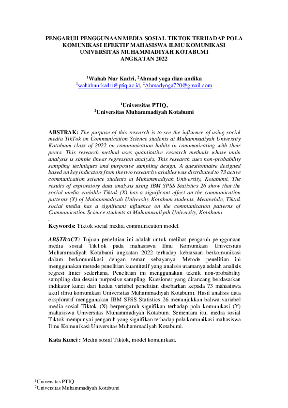(PDF) Pengaruh Penggunaan Media Sosial Tiktok Terhadap Pola Komunikasi Efektif Mahasiswa Ilmu ...
