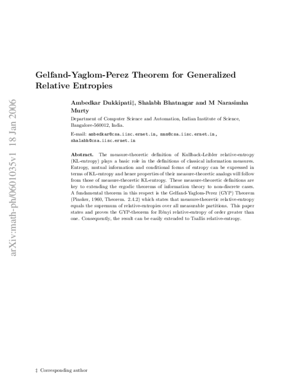 (PDF) Gelfand-Yaglom-Perez Theorem for Generalized Relative Entropies