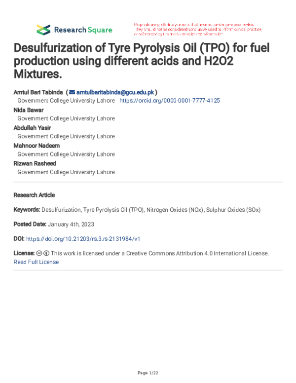 (PDF) Desulfurization of Tyre Pyrolysis Oil (TPO) for fuel production ...