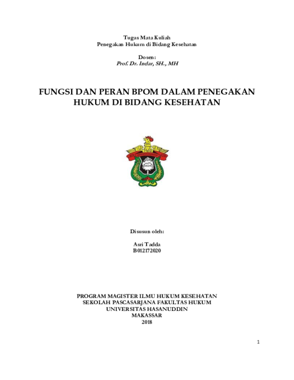 (PDF) Fungsi dan Peran BPOM dalam Penegakan Hukum di Bidang Kesehatan