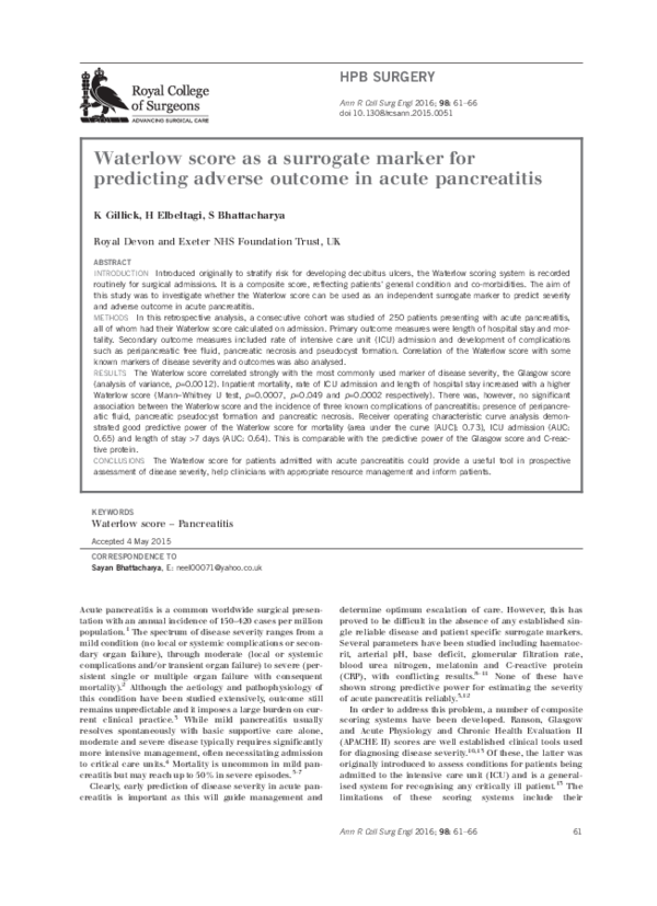 (PDF) Waterlow score as a surrogate marker for predicting adverse ...