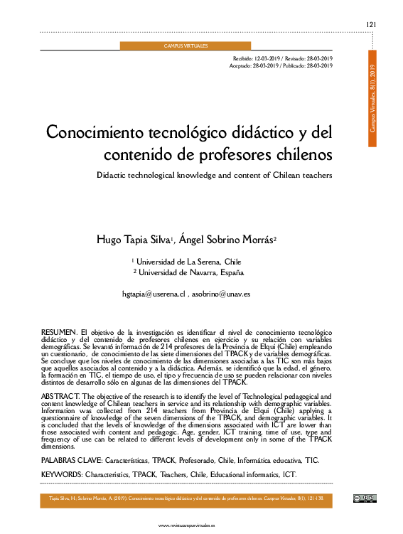 (PDF) Conocimiento tecnológico didáctico y del contenido de profesores chilenos