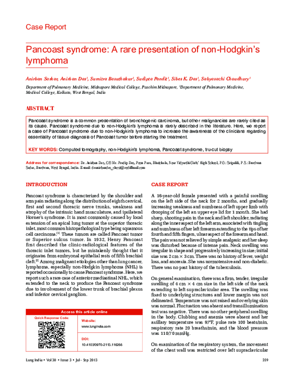 (PDF) Pancoast syndrome: A rare presentation of non-Hodgkin′s lymphoma