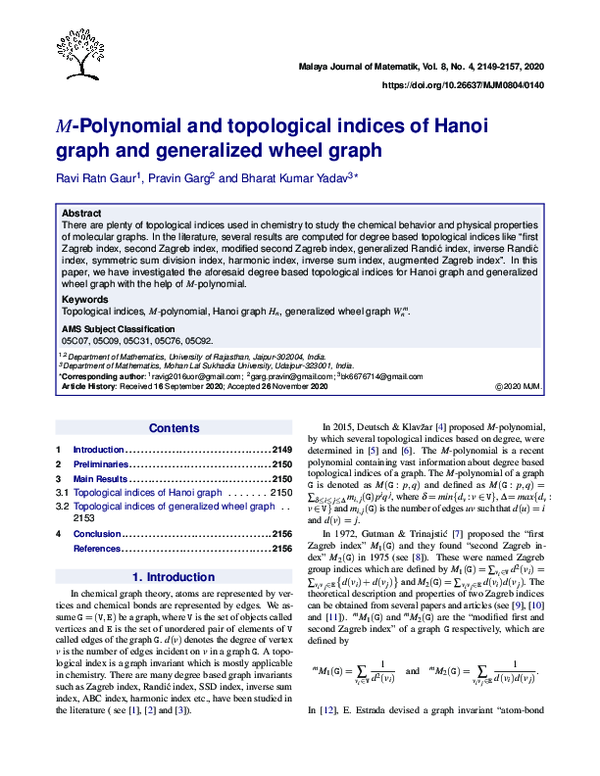 (PDF) $M$-Polynomial and topological indices of Hanoi graph and ...
