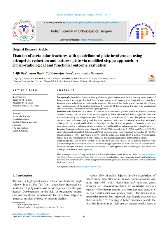 (PDF) Fixation of acetabular fractures with quadrilateral plate ...