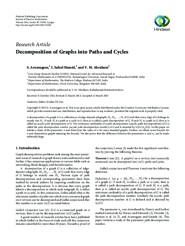 (PDF) Decomposition of Graphs into Paths and Cycles