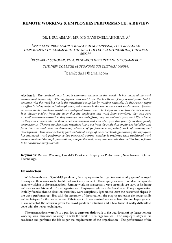 (PDF) REMOTE WORKING & EMPLOYEES PERFORMANCE: A REVIEW