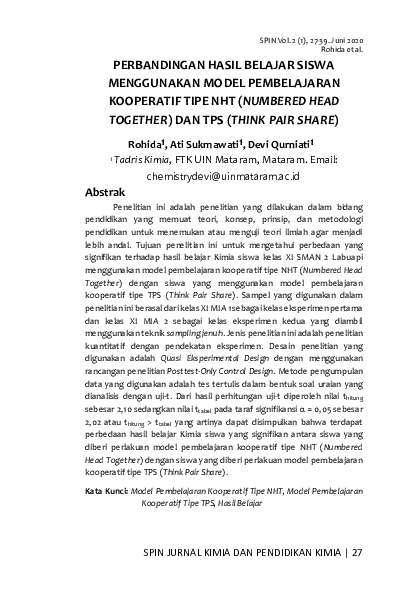 (PDF) Perbandingan Hasil Belajar Siswa Menggunakan Model Pembelajaran Kooperatif Tipe NHT ...