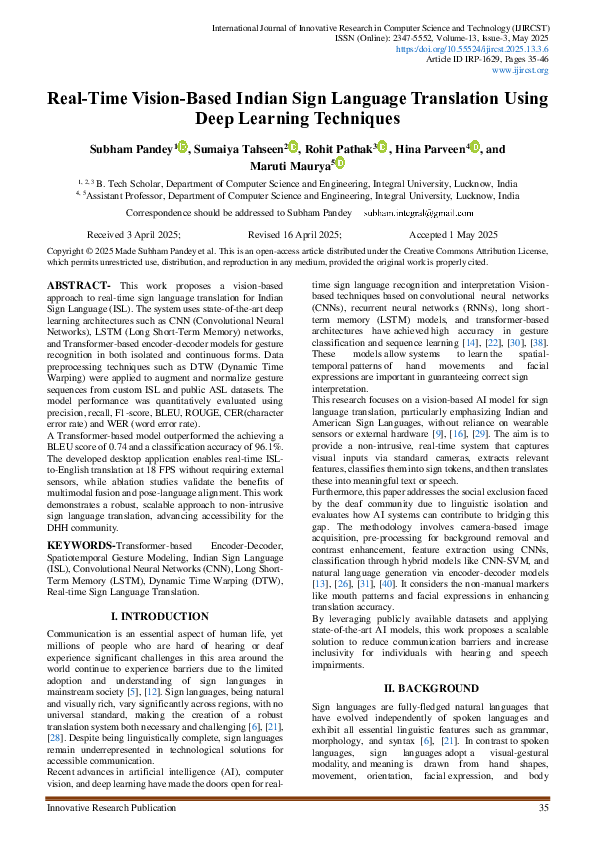 (PDF) Real-Time Vision-Based Indian Sign Language Translation Using ...