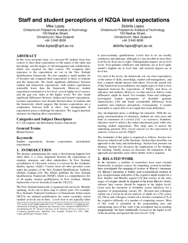 (PDF) Staff and student perceptions of NZQA level expectations
